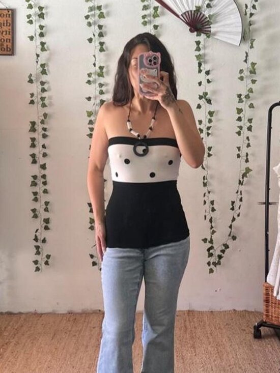 Tops | Vintage Y2k Black And White Polka Dot Halter Top With Statement ...